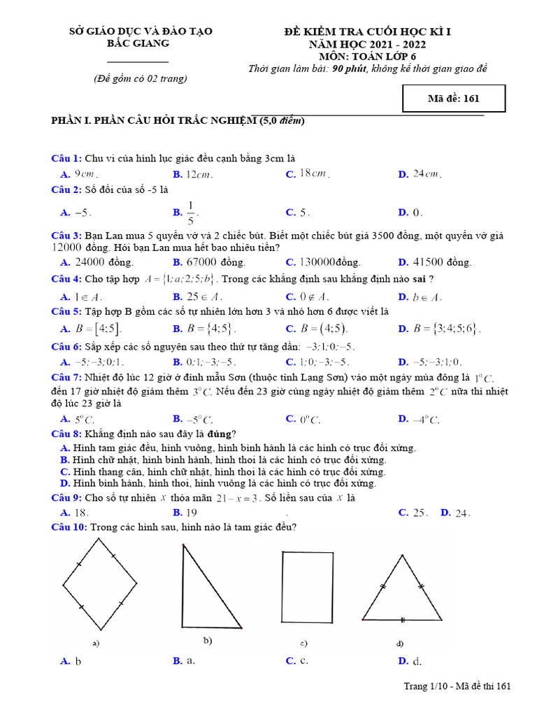 Đề toán 6 (hk1, 2021-2022) | PDF