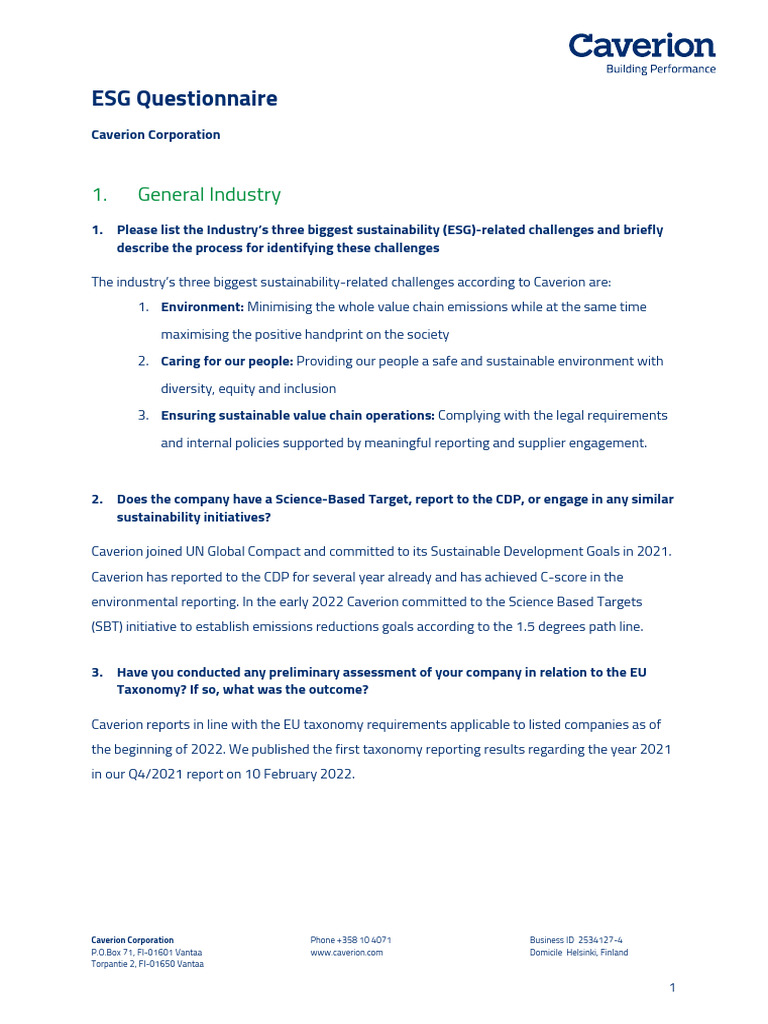 Esg Questionnaire Final | PDF | Sustainability | Climate Change Mitigation
