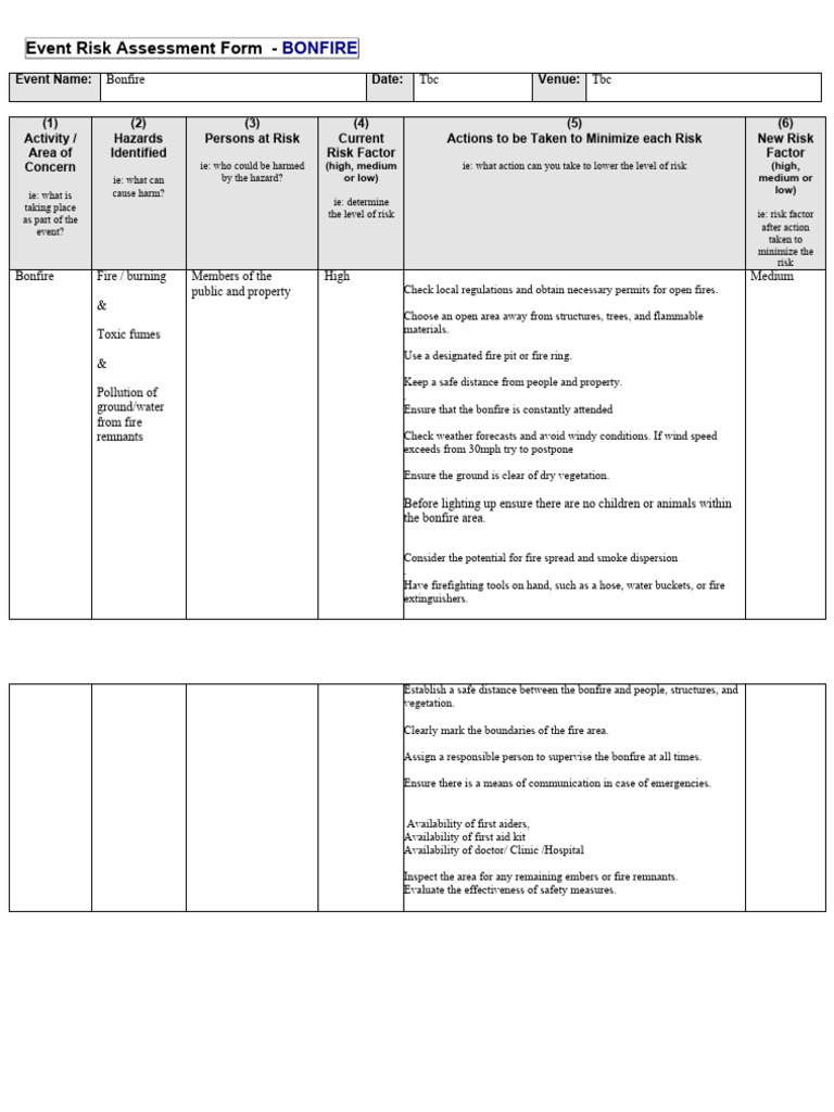 Bonfire Only Example Risk Assessment Form | PDF | Fires | Risk