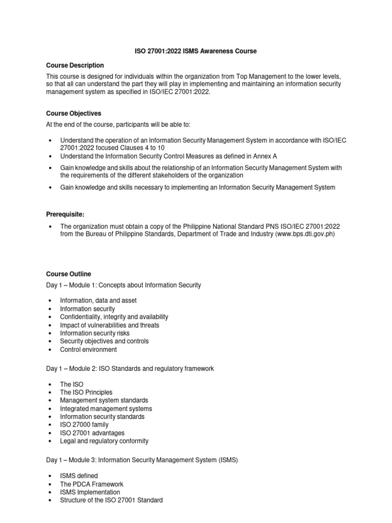 ISO 27001 ISMS Awareness Course Outline | PDF | Information Security ...