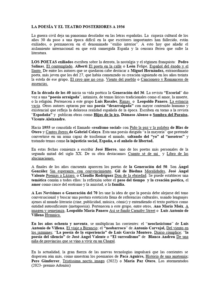 Poesía y Teatro en España Post-1936 | PDF | Poesía | Literatura española