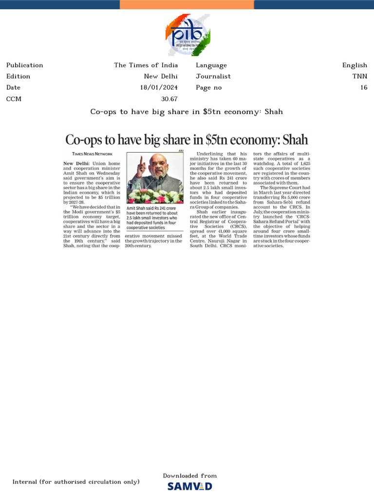 Cooperatives' Role in $5 Trillion Economy | PDF | Delhi | Economy Of India