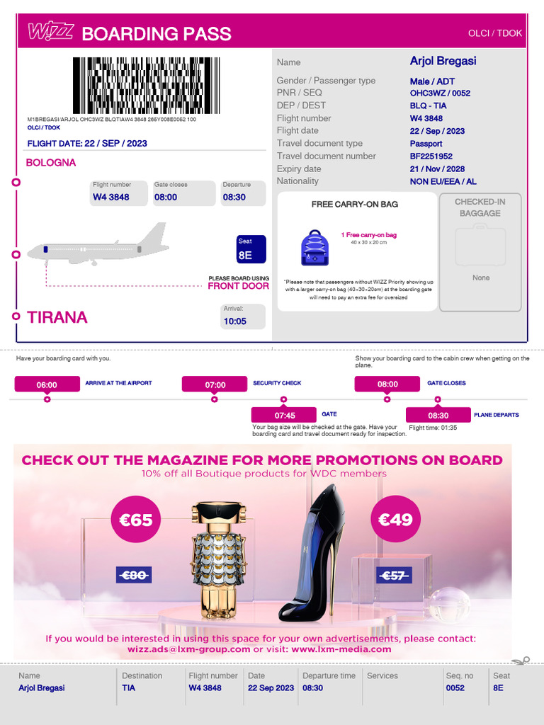 BoardingCard 327557616 BLQ TIA | PDF | Transport | Aviation