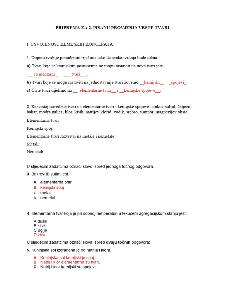 Priprema Za 2. Pisanu Provjeru Vrste Tvari | PDF