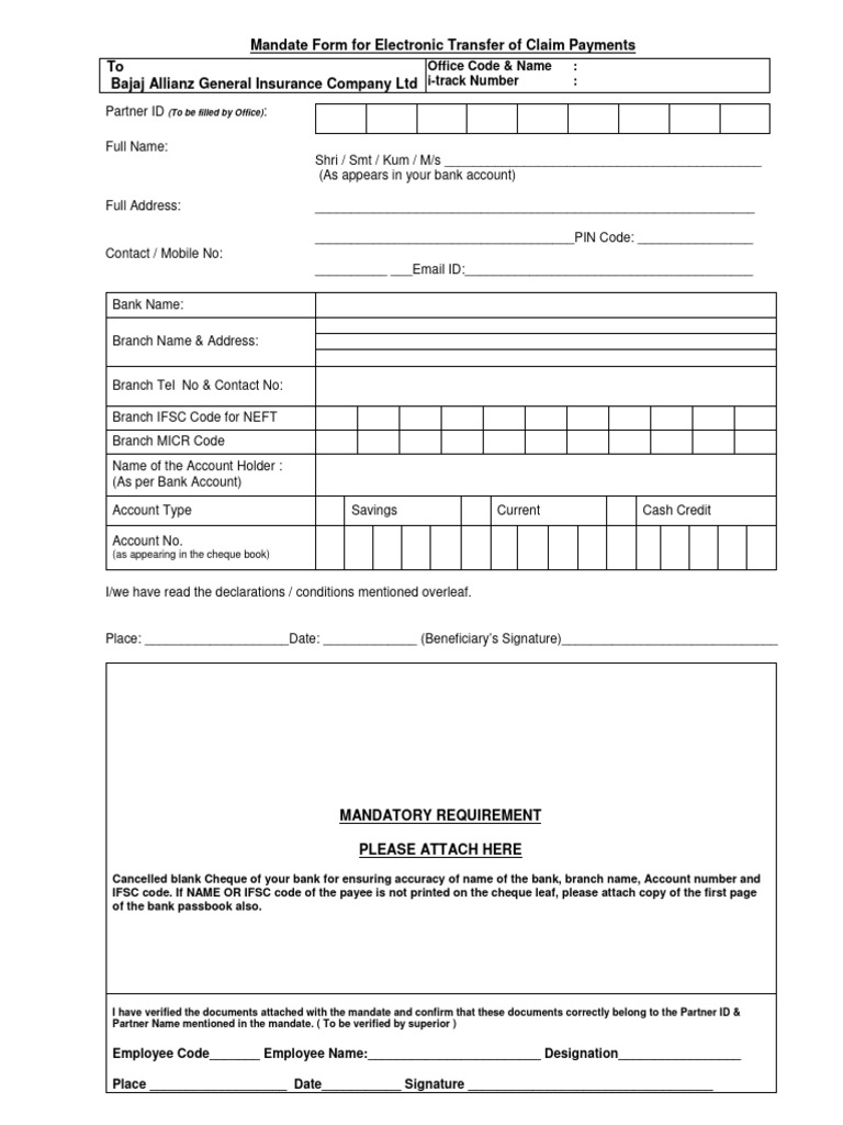 Bajaj Allianz NEFT Mandate Form | PDF