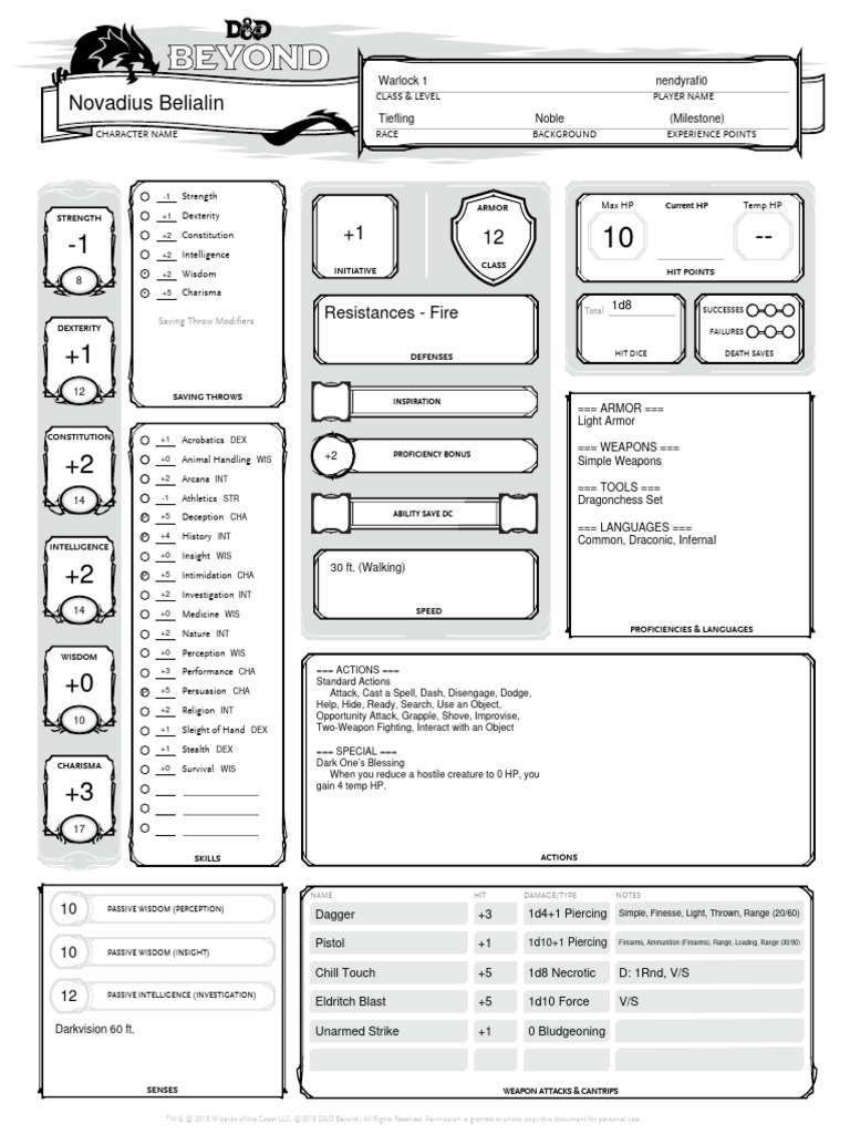 Character Sheets Tiefling Warlock | PDF | Wizards Of The Coast | Role ...