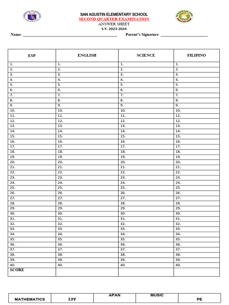 Answer Sheet K12 New 2018 2019 | PDF