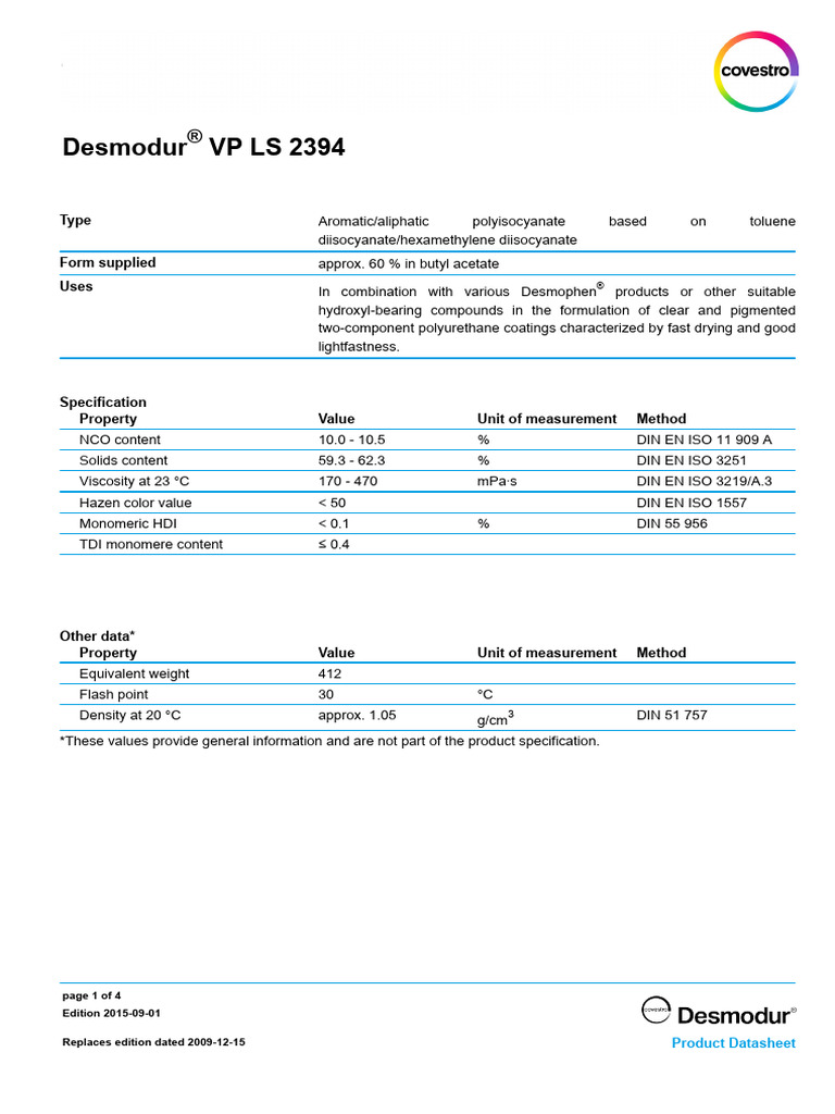 Desmodur VP LS 2394 - en - 05573580 17844557 19844485 | PDF | Viscosity | Medical Device