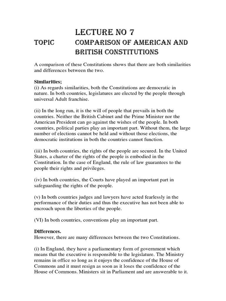 COMPARISON OF AMERICAN AND BRITISH CONSTITUTIONs | PDF | Constitution ...