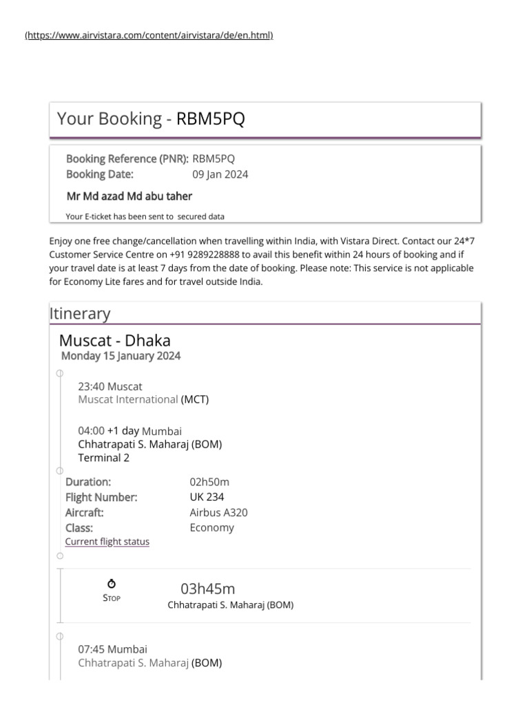 Vistara Flight Booking: Muscat to Dhaka | PDF | Business