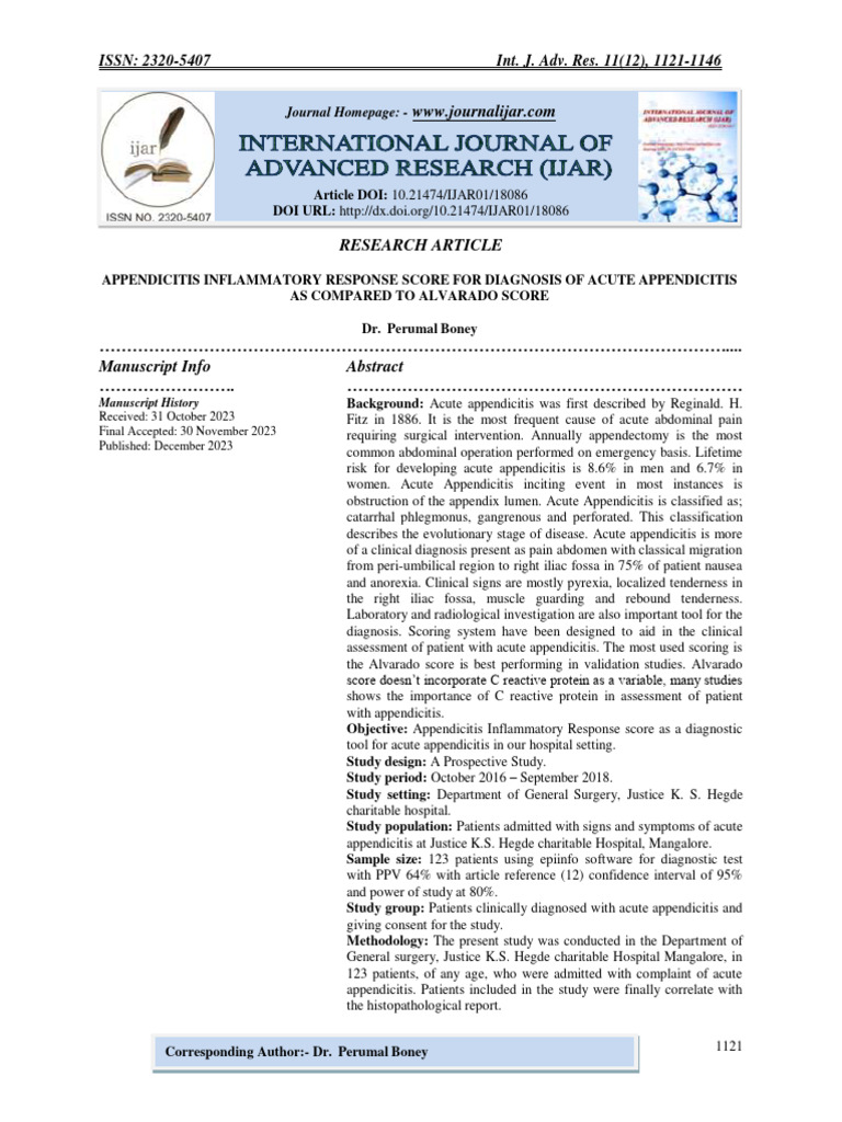 Appendicitis Inflammatory Response Score For Diagnosis Of Acute