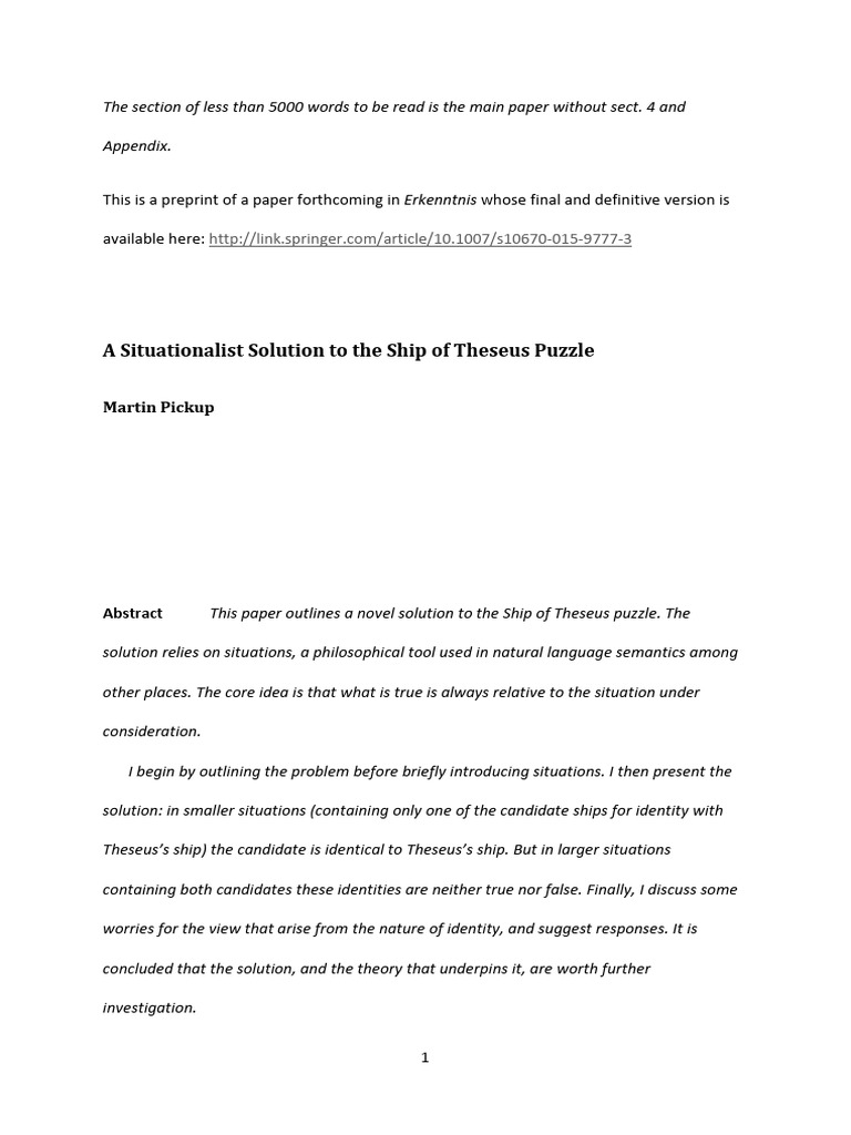 A Situationalist Solution To The Ship of Theseus Puzzle Final | PDF ...
