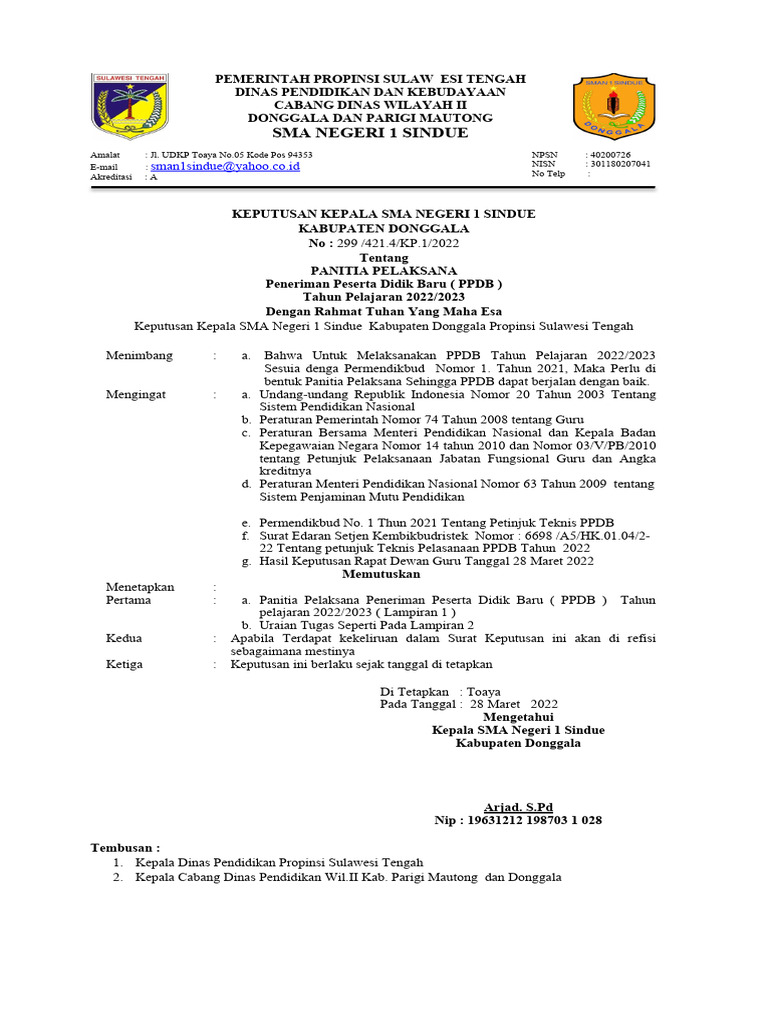 SK Panitia PPDB Tahun 2022 2023 | PDF