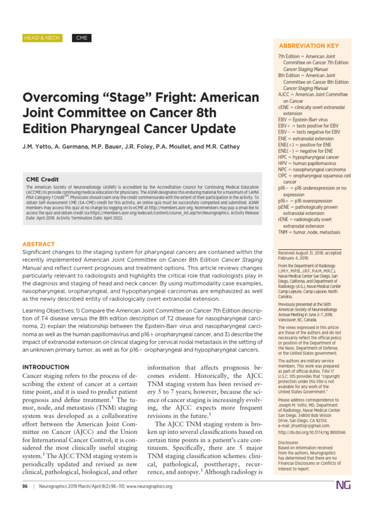 AJCC 8 Edition - Pharyngeal Cancer | PDF | Metastasis | Head And Neck ...