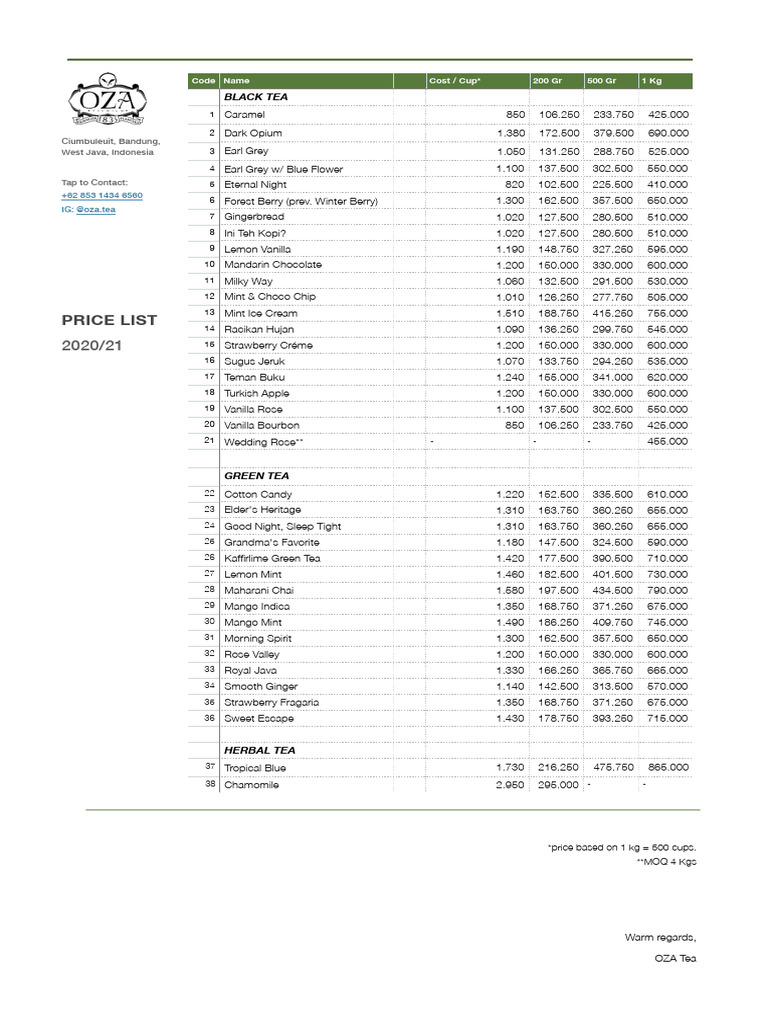 OZA Tea - Price List '20'21 | PDF