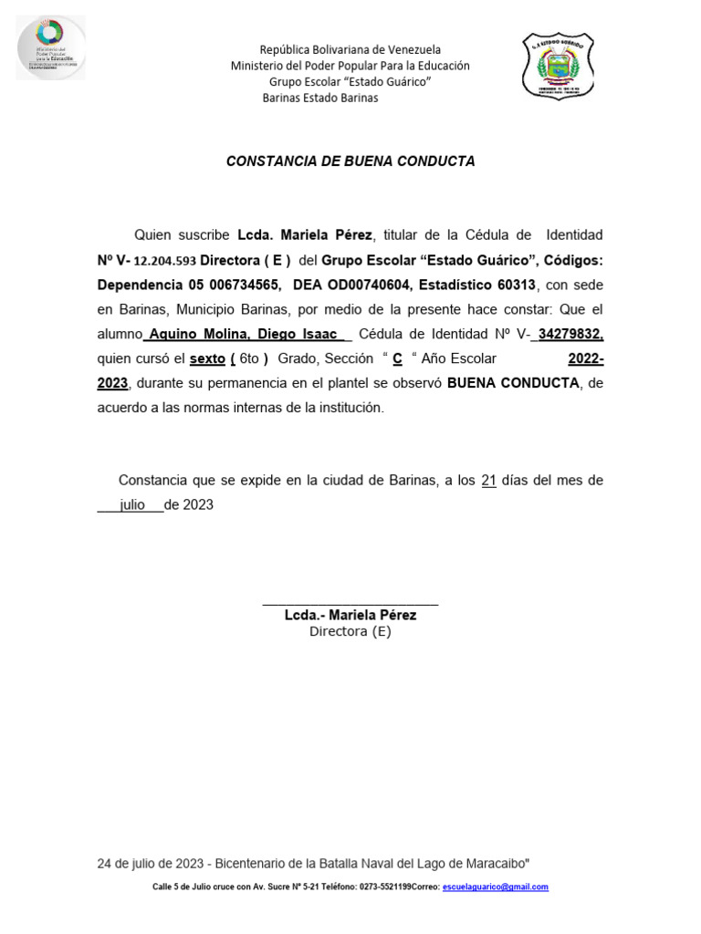 Constancia de Buena Conducta 2023 | PDF | Venezuela | America latina