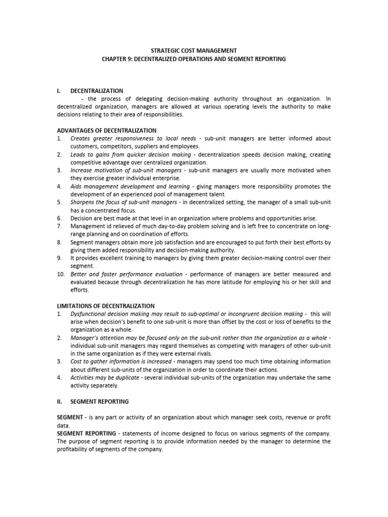Chapter 9 Decentralized Operations And Segment Reporting Summary Pdf