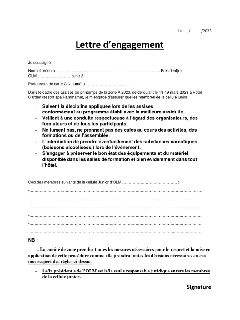 Lettre D'engagement Junior Assises de Printemps 2023 | PDF