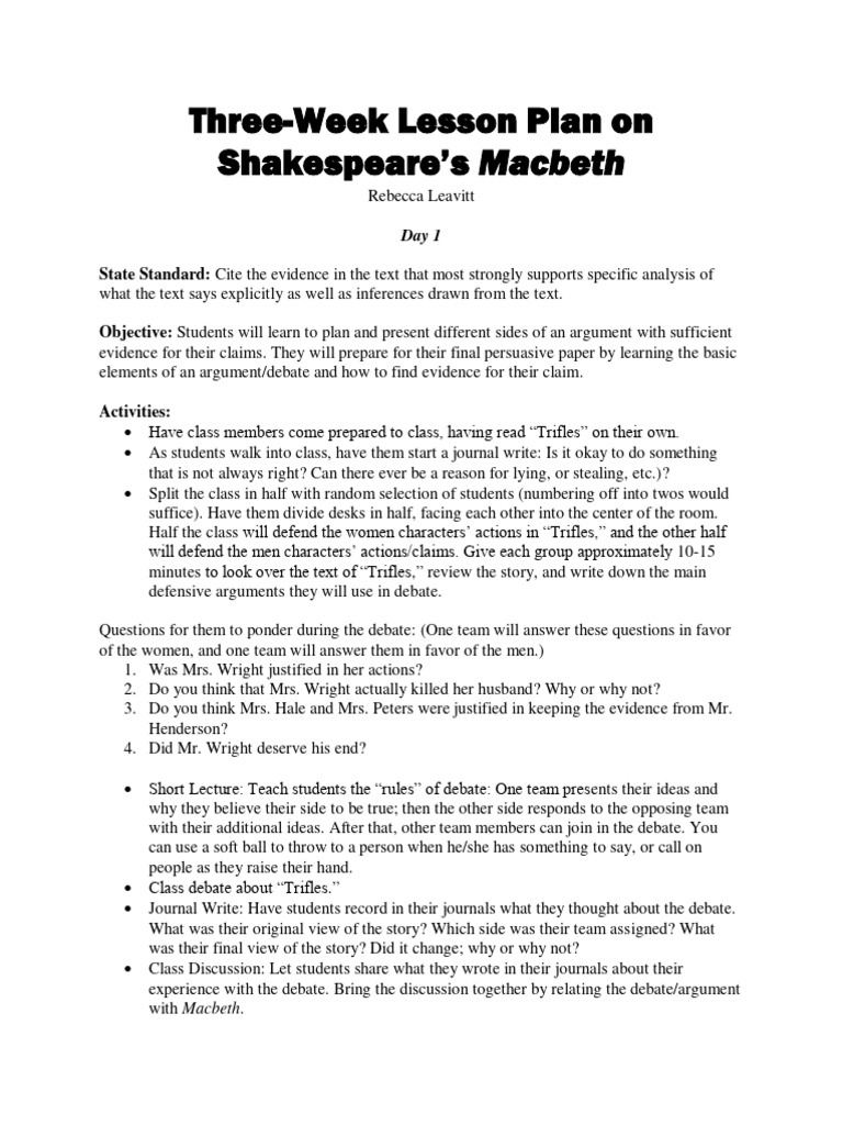 Macbeth Three Week Lesson Plan | PDF | Macbeth | Jokes