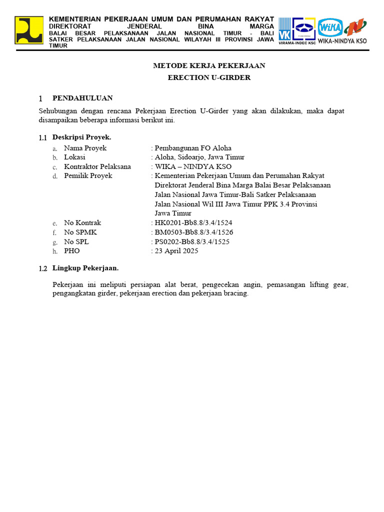 Metode Pelaksanaan Pekerjaan Erection U-Girder | PDF