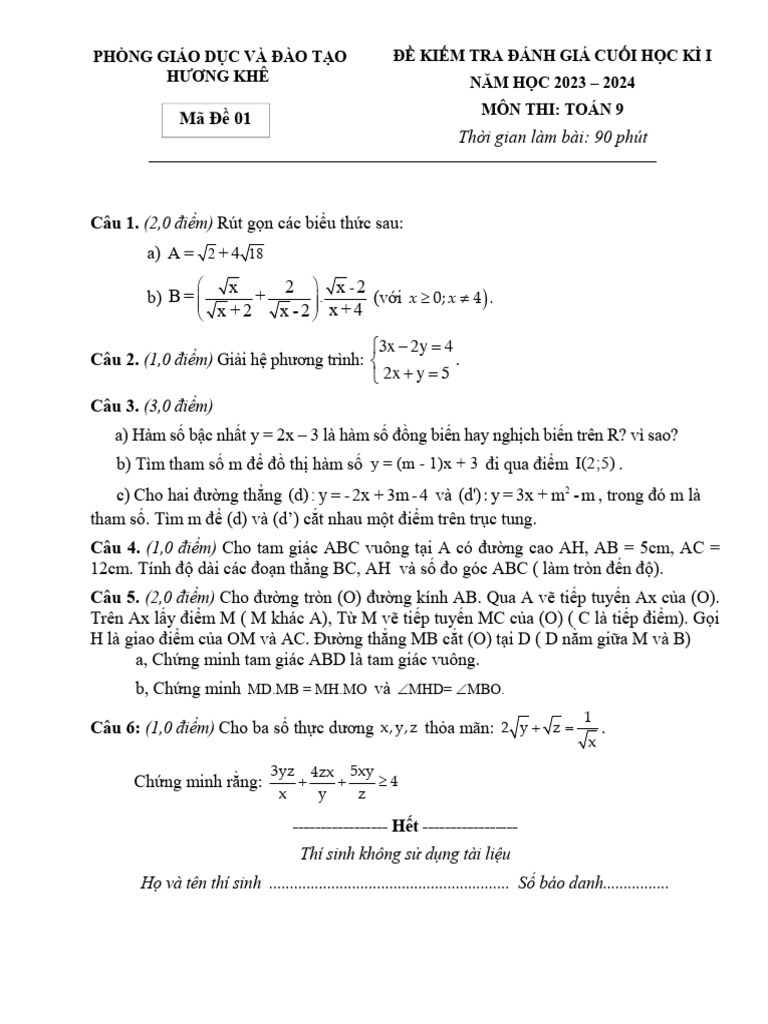 HDC ĐỀ KTĐG CUỐI KÌ I TOÁN 9 | PDF