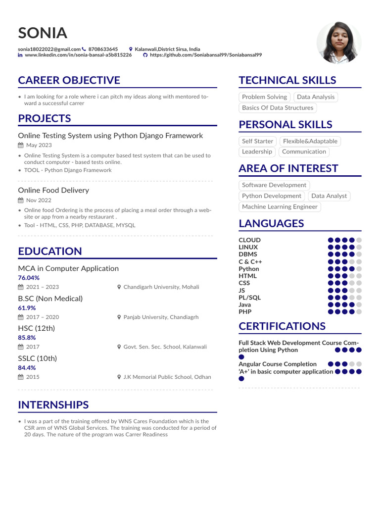 Sonia CV | PDF | Databases | Python (Programming Language)