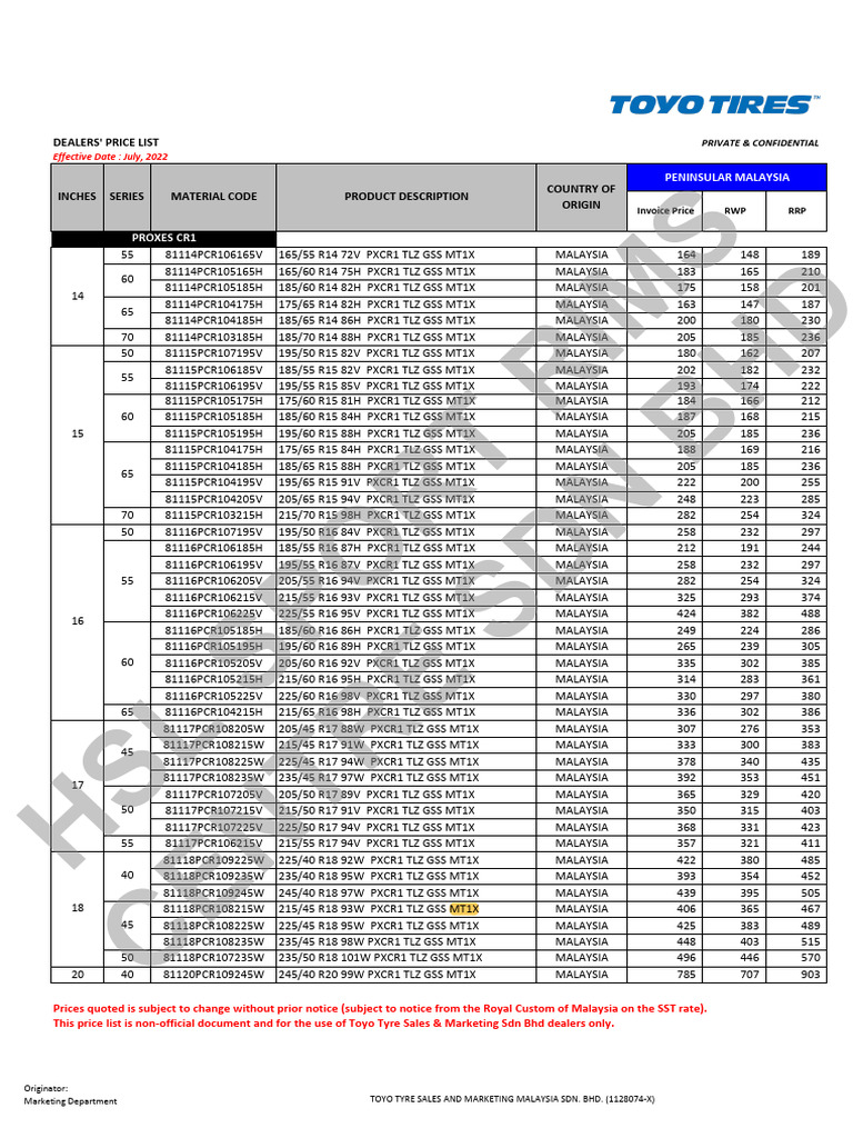 30.6.22-Toyo Price List 0722 - HSL Sport Rims Centre SDN BHD | PDF