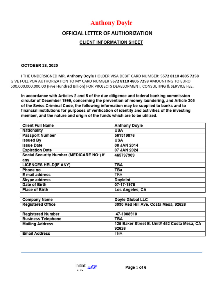 LETTER OF AUTHORIZATION AND IMFPA AND CIS Doyle Anthony | PDF | Wire ...