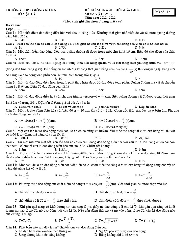 De Kiem Tra Chuong Dao Dong Dieu Hoa 1 | PDF