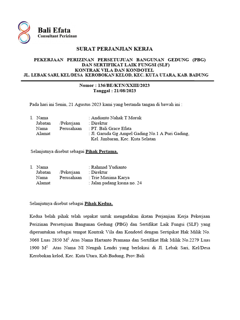 Surat Perjanjian Kerja Vila Dan Kondotel | PDF | Pengelolaan Keuangan & Uang