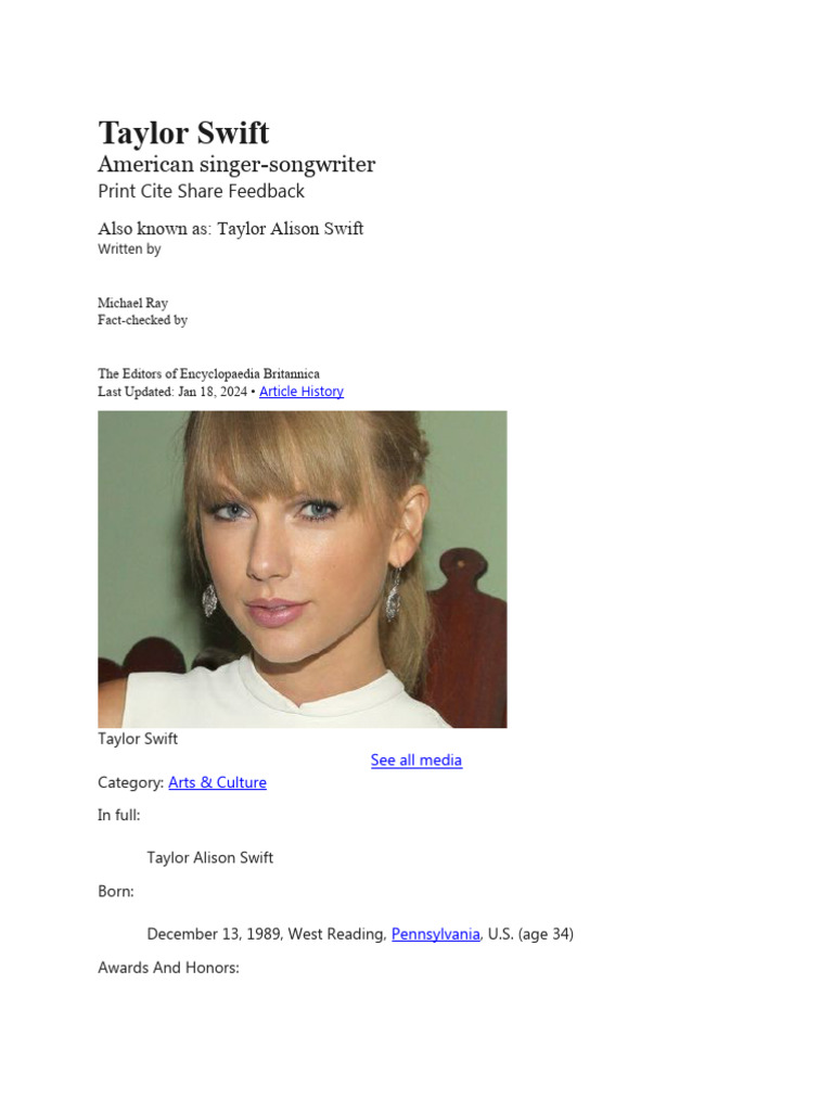 Taylor Swift: Biography and Achievements | PDF