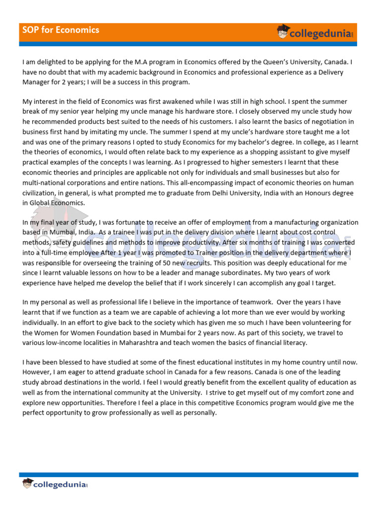 College Dunia Economics Sop | PDF | Economics | Employment