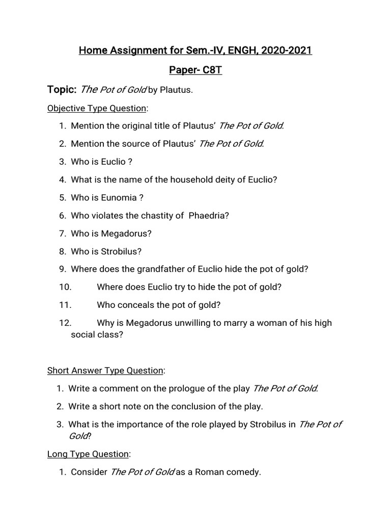 Home Assignment For SEM. IV On The Pot of Gold | PDF