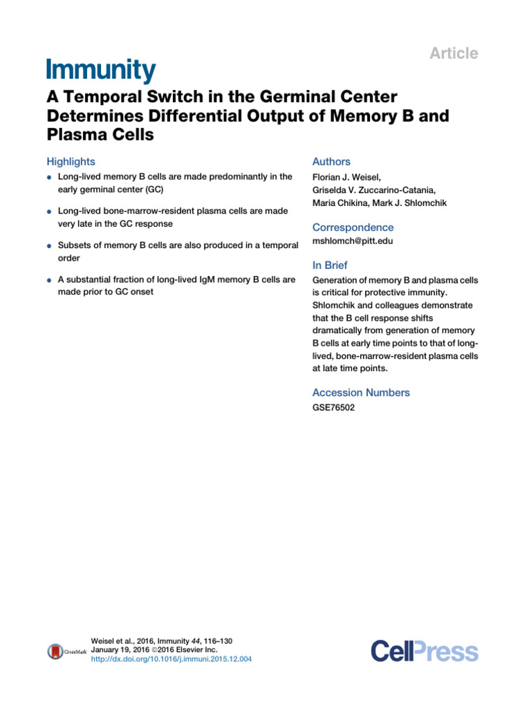 WEISEL 2016 - A Temporal Switch in The Germinal Center Determines Differential Output of Memory ...