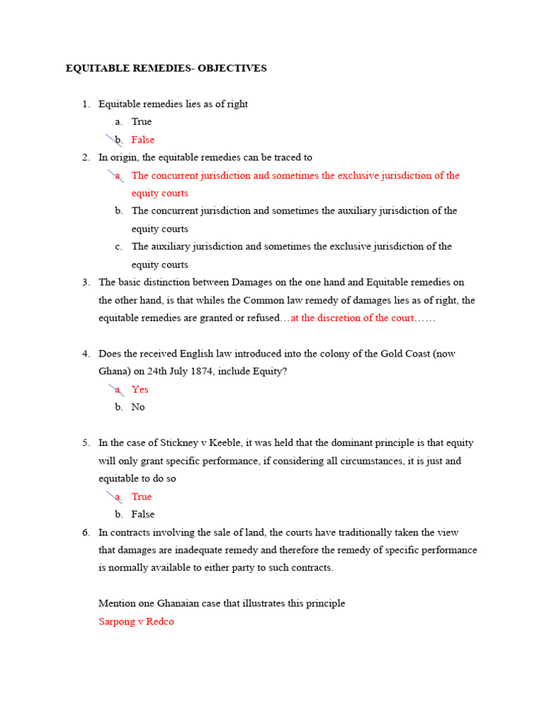 Equitable Remedies - Objectives | PDF | Equity (Law) | Legal Remedy