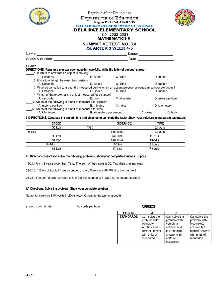 Summative Test-Math 6 q3 (Week 4-5) | PDF | Speed | Distance
