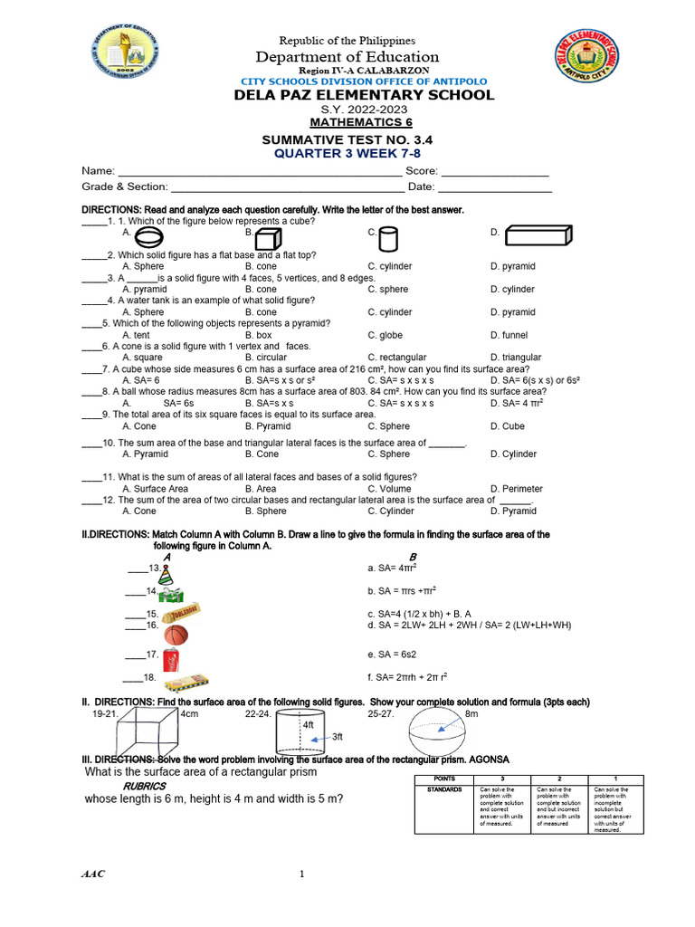 Math 6 Summative Test on Surface Area | PDF | Area | Sphere