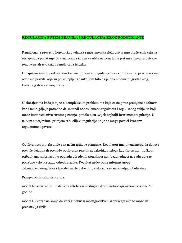 Regulacija Putem Pravila I Regulacija Kroz Podsticanje | PDF