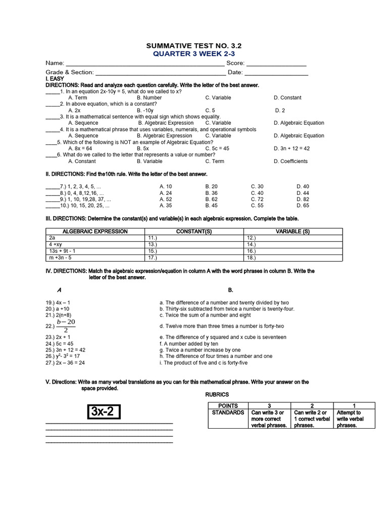Grade 6 Math Summative Test Q3 W2-3 | PDF | Variable (Mathematics ...