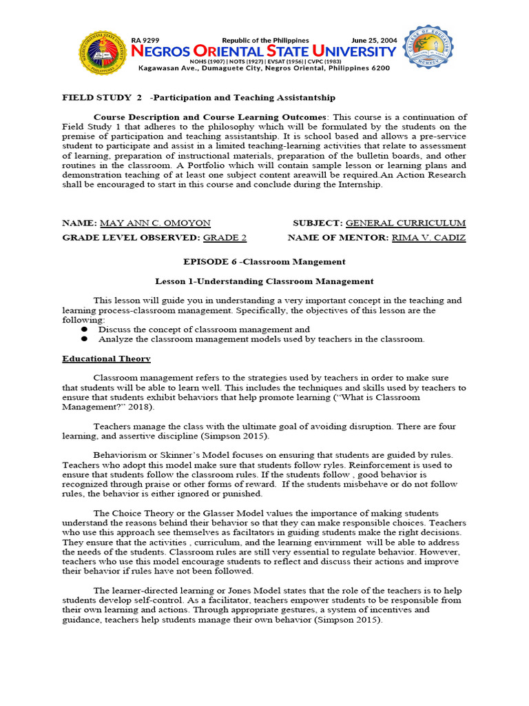 FS 2 Episode 6 | PDF | Classroom Management | Lesson Plan