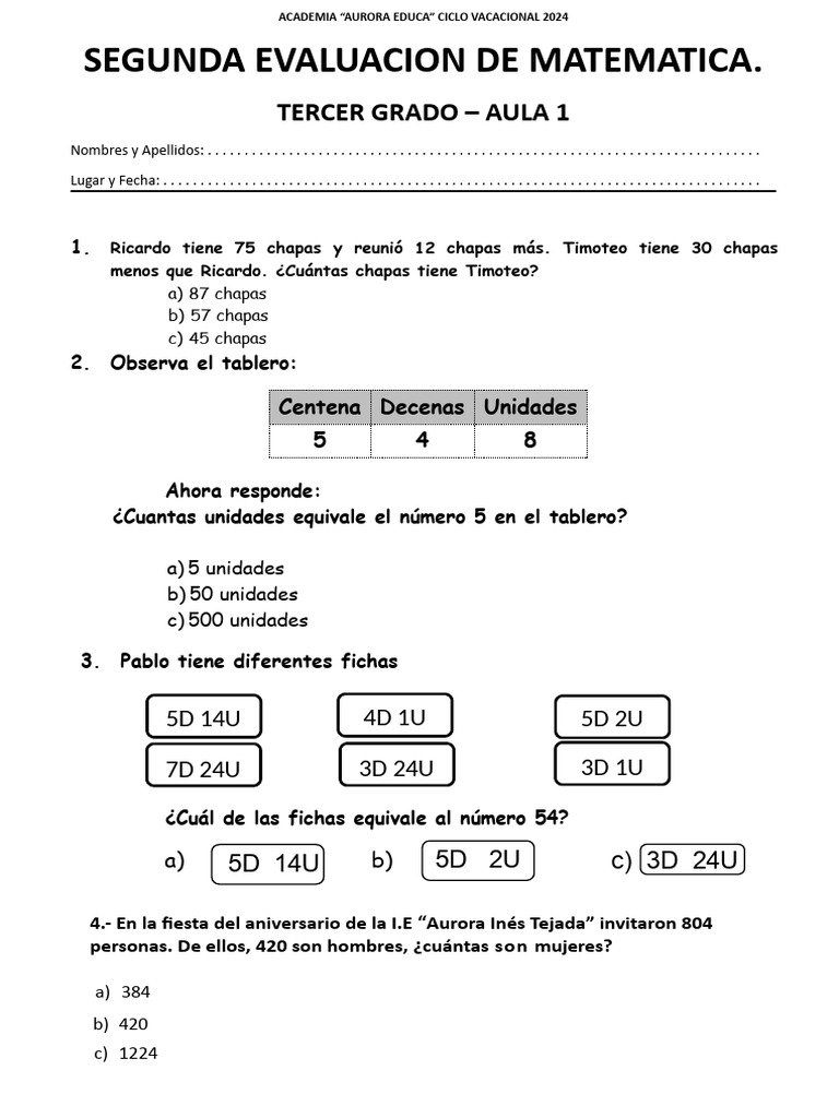 Evaluación de Matemáticas 3er Grado | PDF