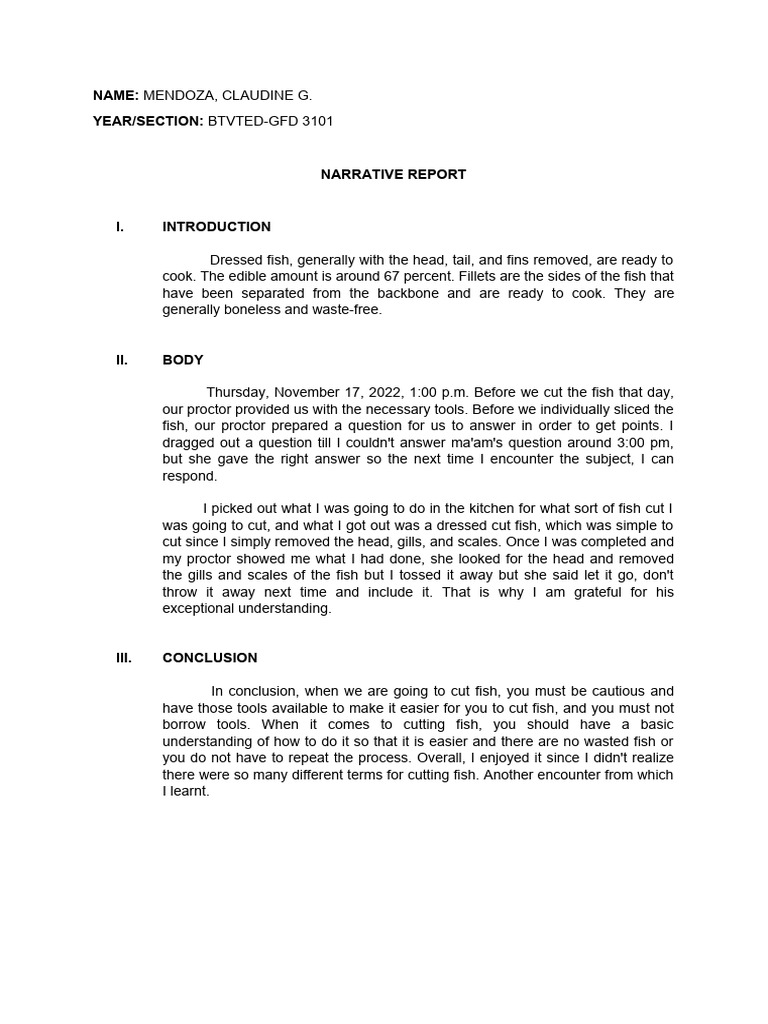 Narrative Report-Cut Fish | PDF | Cooking, Food & Wine | Wellness