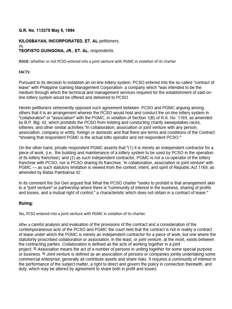 Kilosbayan Vs Guingona Digested | PDF
