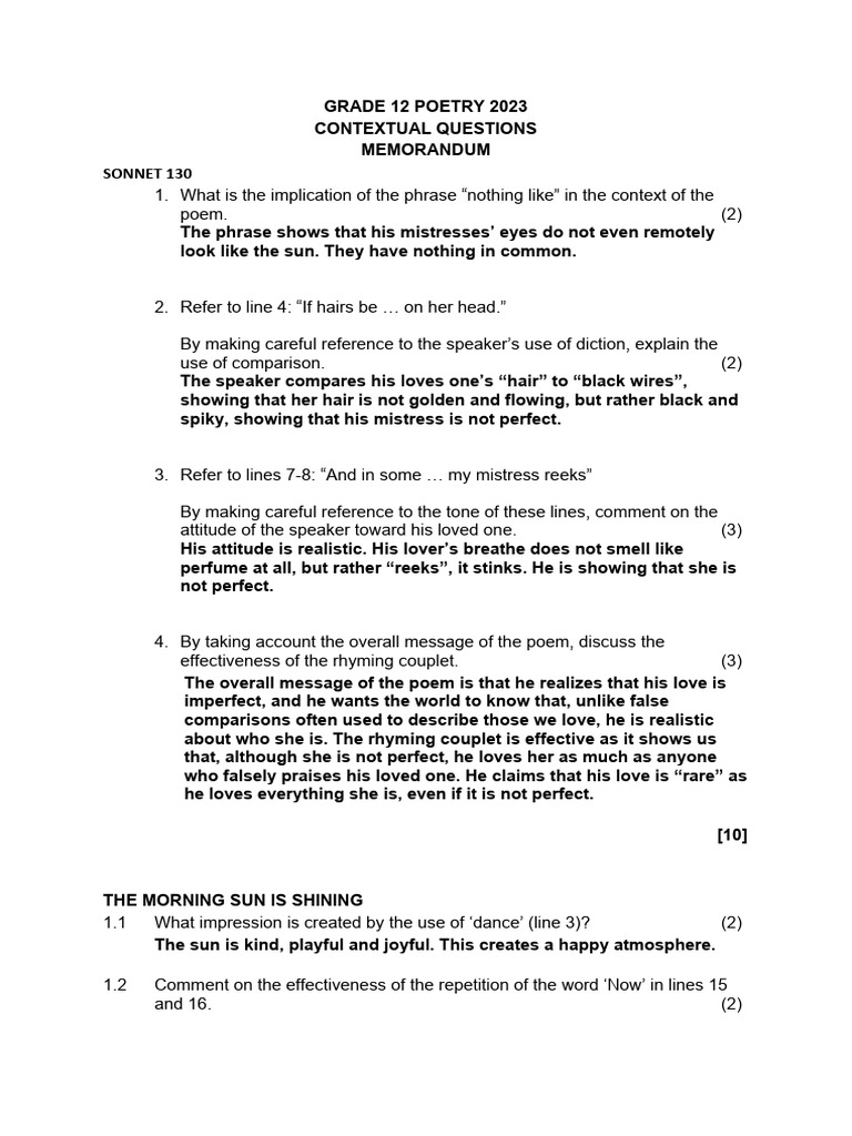Grade 12 Poetry Questions With Memo | PDF | Poetry