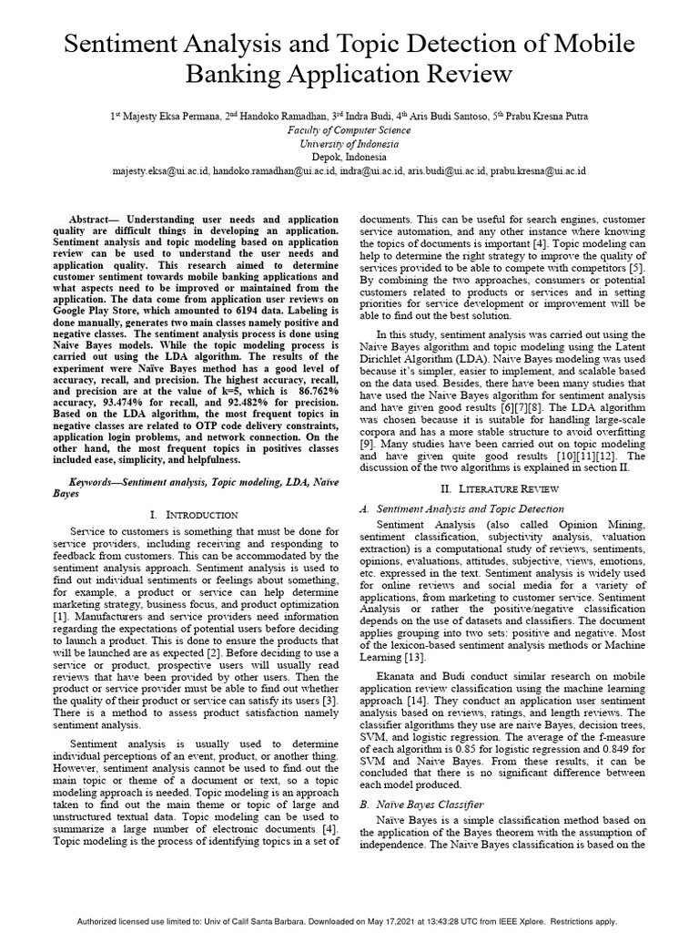 Sentiment Analysis and Topic Detection of Mobile Banking Application Review | PDF