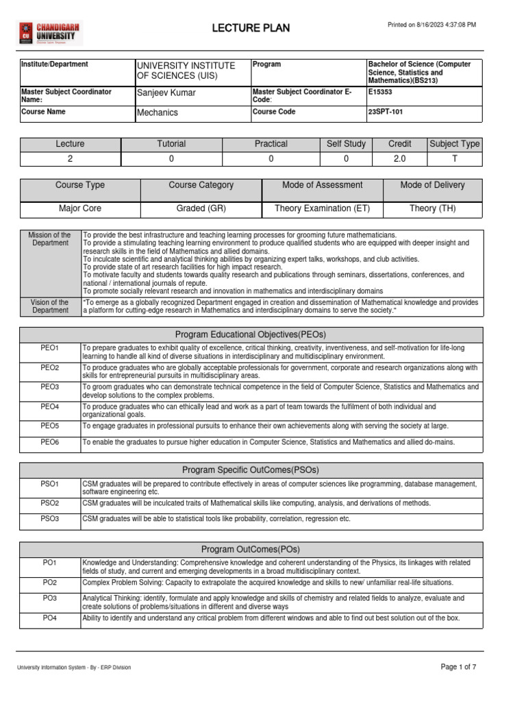 LecturePlan BS213 23SPT-101 | PDF | Rotation Around A Fixed Axis | Rotation