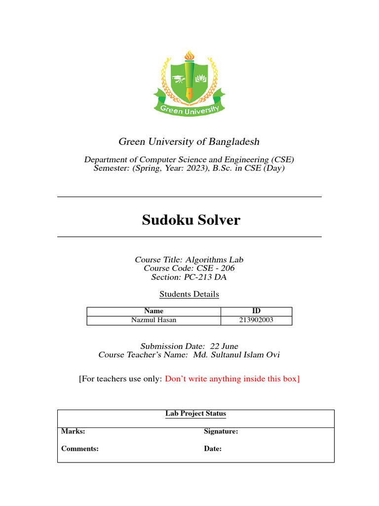 Project Report For Sudoku Solver | PDF | Computer Programming | Computing