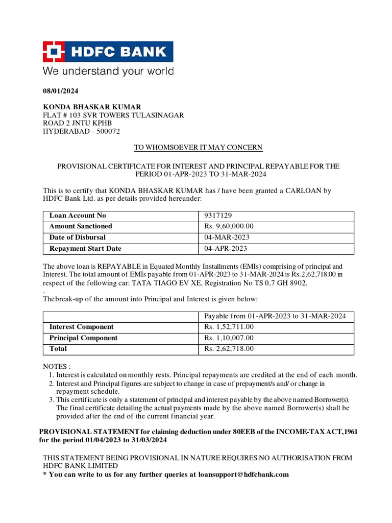 HDFC Car Loan Provisional Statement 2024 | PDF