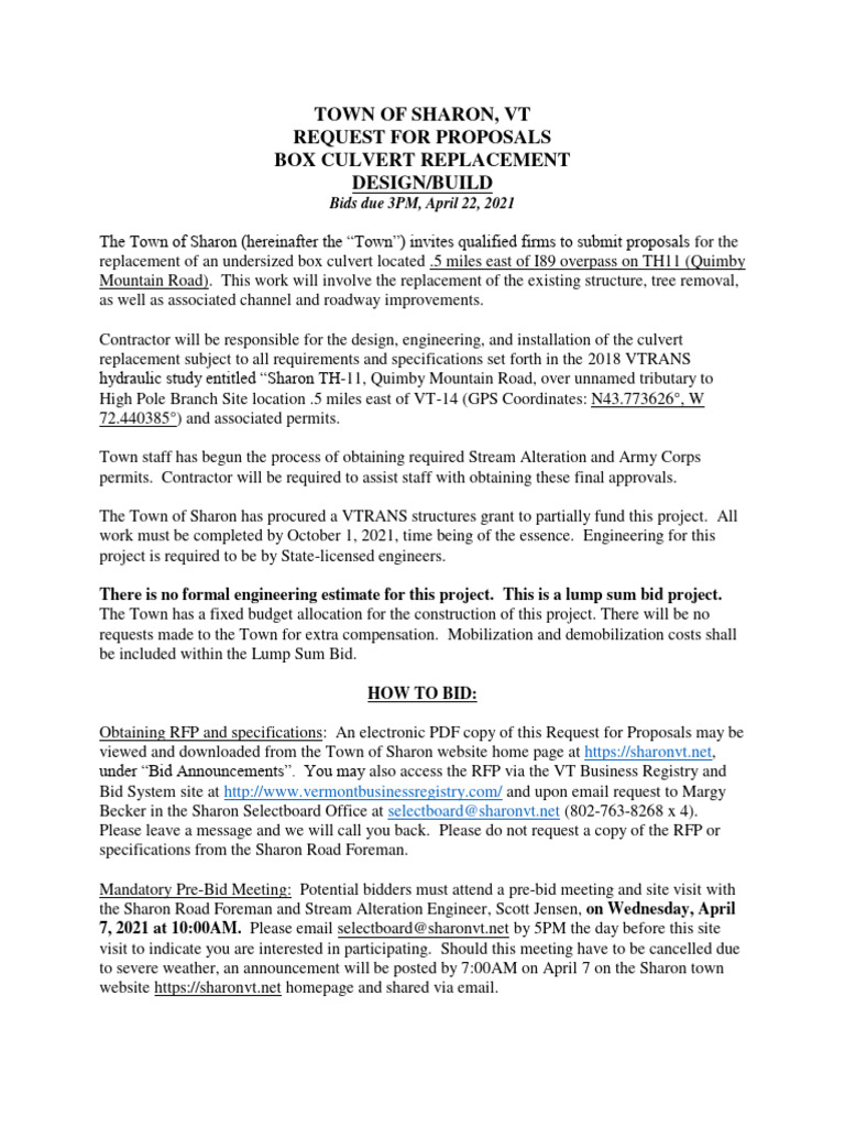 RFP Final Box Culvert Replacement QuimbyMtnRd Sharon | PDF