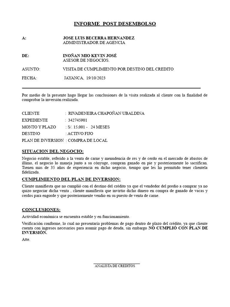 Informe Post Desembolso | PDF